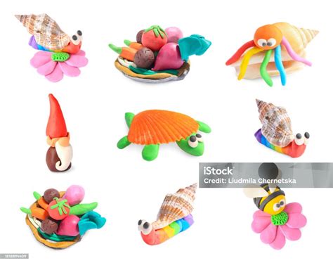 흰색 배경에 플라스틱으로 만든 다른 아이의 공예품으로 설정 어린이 놀이용 점토에 대한 스톡 사진 및 기타 이미지 어린이 놀이용 점토 0명 Diy Istock