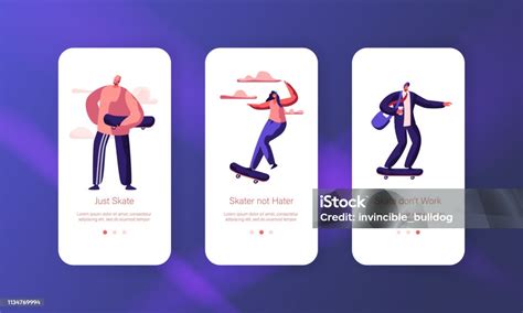 힙 스 터 소년 캐릭터 스케이트 스케이트 보드 모바일 앱 페이지 온보드 화면 설정 멋진 여름 현대 롱 보드 자유 라이프 스타일 웹 사이트 또는 웹 페이지에 스케이팅 소녀