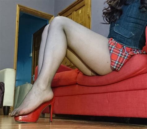 Crossdresser Marie In Tartan Mini Skirt And Sheer Pantyhose 16 Pics