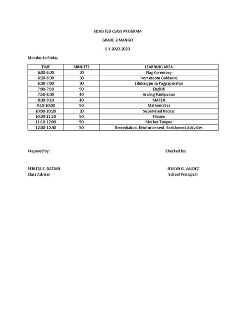 Adjusted Class Program Grade 2 Mango Pdf