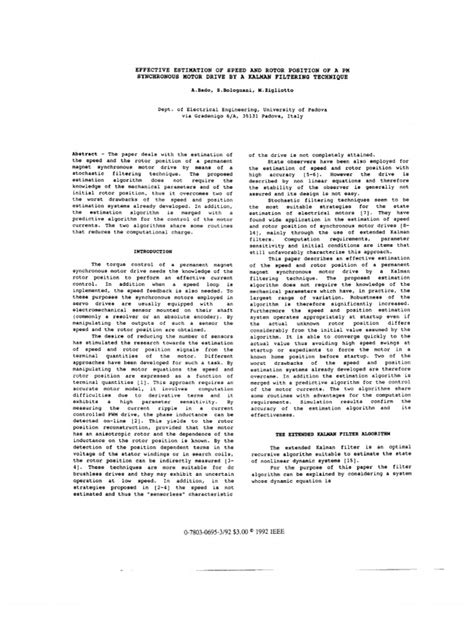 Effective Estimation Of Speed And Rotor Position Of A Pm Synchronous Motor Drive By A Kalman
