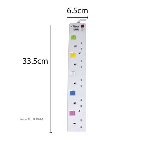 Powerpac 5 Way Extension Cord 2m With Individual Switch Tv And Home