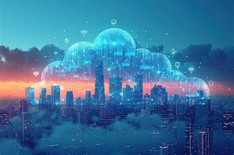 A Digital Illustration Of Cloud Computing Technology With An Urban