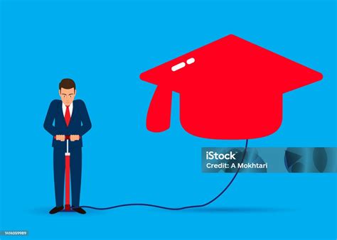 남자는 졸업장 모자 학업 수준 학교 교육 수상자를 부풀립니다 개념에 대한 스톡 벡터 아트 및 기타 이미지 개념 공기 주입 공부 Istock