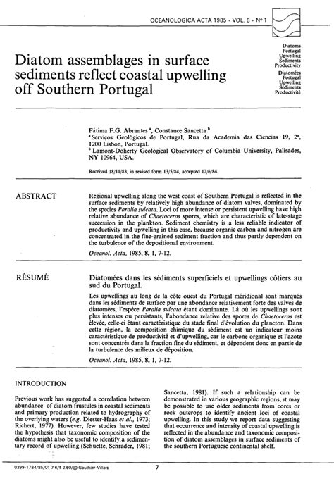 Pdf Diatom Assemblages In Surface Sediments Reflect Coastal Upwelling Of Southern Portugal