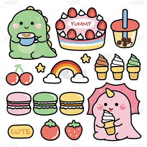 一套可爱的恐龙与甜点卡通