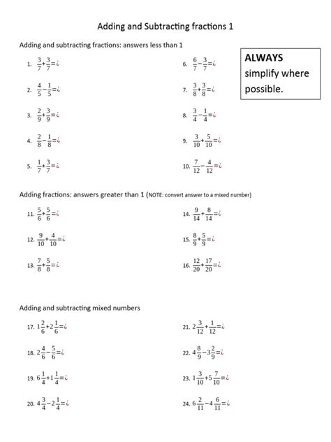 adding and subtracting fractions homework pdf division mathematics