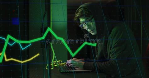 Image Of Graphs Over Asian Man Working In Server Room Stock Image