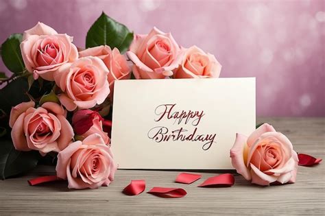 Premium Photo Roses Bouquet And Card Happy Birthday Celebration