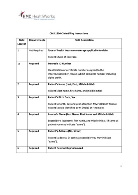 Cms 1500 Claim Filing Instructions Printable Pdf Download