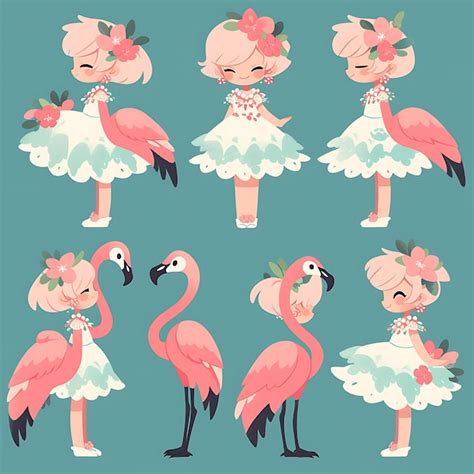 Sticker De Flamingo Femenino Chibi Kawaii Moda Del Caribe Concepto