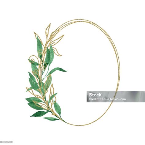 녹색 가지와 황금 윤곽이 있는 수채화 프레임과 기하학적 요소 손으로 그린 웨딩 디자인 직물 도자기 초대장 인사말 포장 스크랩북