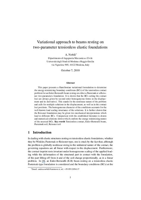 Pdf Variational Approach To Beams Resting On Two Parameter Tensionless Elastic Foundations