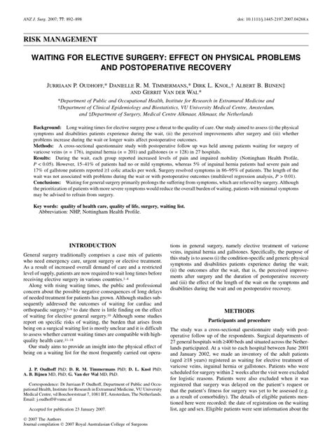 Pdf Waiting For Elective Surgery Effect On Physical Problems And Postoperative Recovery