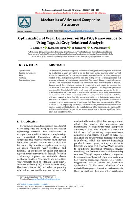 Pdf Optimization Of Wear Behaviour On Mg Tio2 Nanocomposite Using Taguchi Grey Relational Analysis