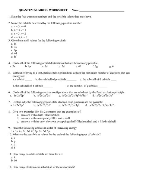Quantum Numbers Worksheet Db Excel Com