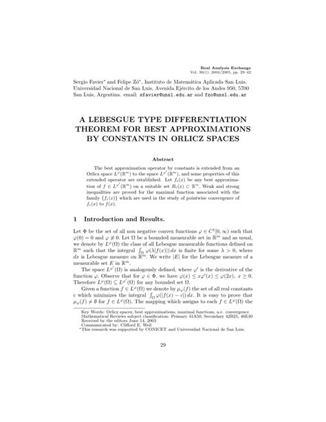 Pdf A Lebesgue Type Differentiation Theorem For Best Approximations By Constants In Orlicz Spaces
