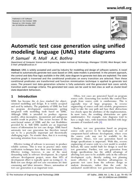 Automatic Test Case Generation Using Unified Modeling Language Uml State Diagrams Pdf