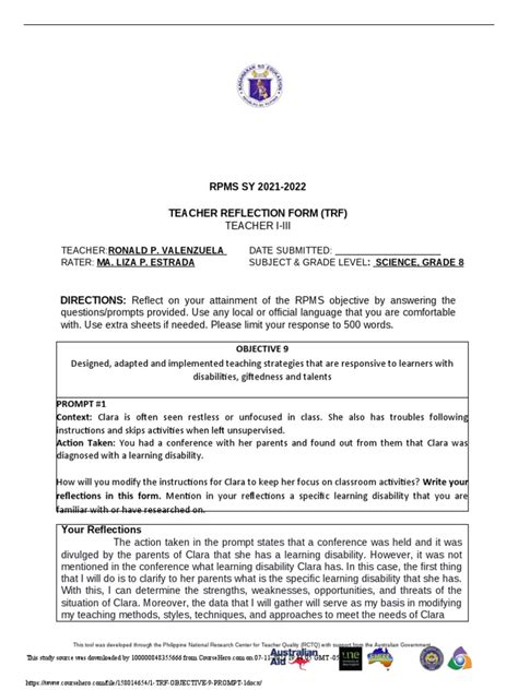 Trf Objective 9 Prompt 1 Faf Pdf Learning Disability