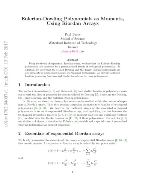 Pdf Eulerian Dowling Polynomials As Moments Using Riordan Arrays