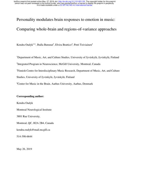 Pdf Personality Modulates Brain Responses To Emotion In Music Comparing Whole Brain And