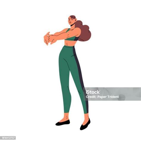 운동 체형을 가진 마른 소녀 워밍업 훈련 스포티 한 몸매 슬림 한 체격을 가진 스포츠 정장을 입은 젊은 날씬한 여성 활동적인 라이프스타일 흰색 배경에 평평한 고립 된 벡터