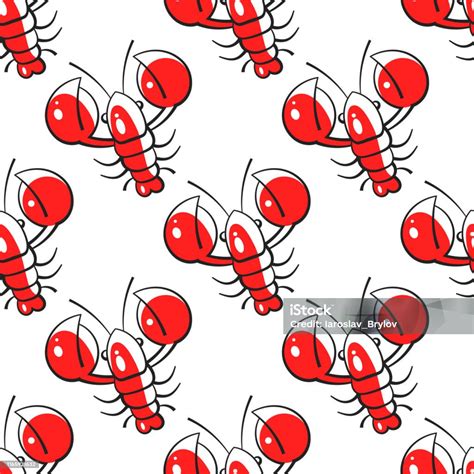 랍스터의 매끄러운 패턴 붉은 가재 직물에 인쇄하기위한 템플릿 래핑 용지용 디자인 그림 갈고리 발톱에 대한 스톡 벡터 아트 및 기타 이미지 Istock