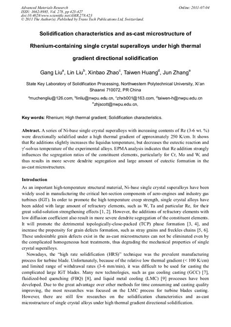 Solidification Characteristics And As Cast Microstructure Of Rhenium Containing Single Crystal