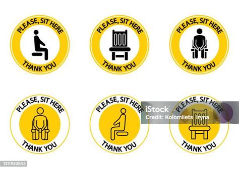 제발 여기 앉아 여기 앉을 수 있습니다 앉아 아이콘 금지 기호 잠금 규칙입니다 이 의자에 앉습니다 당신이 앉아있을 때 거리를 유지합니다 코로나 바이러스 예방 아이콘 벡터