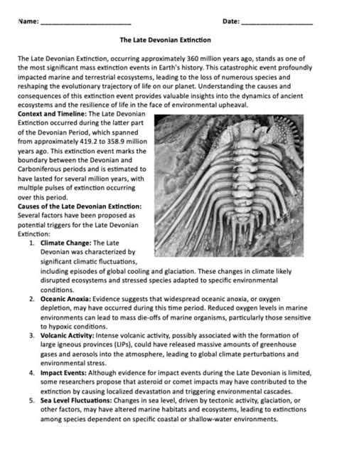 Late Devonian Extinction Event Reading Passage X10 Questions Tpt