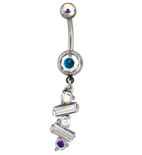 Alternate Baguette Rainbow Aurora Cz Dangle Stainless Steel Belly Butt