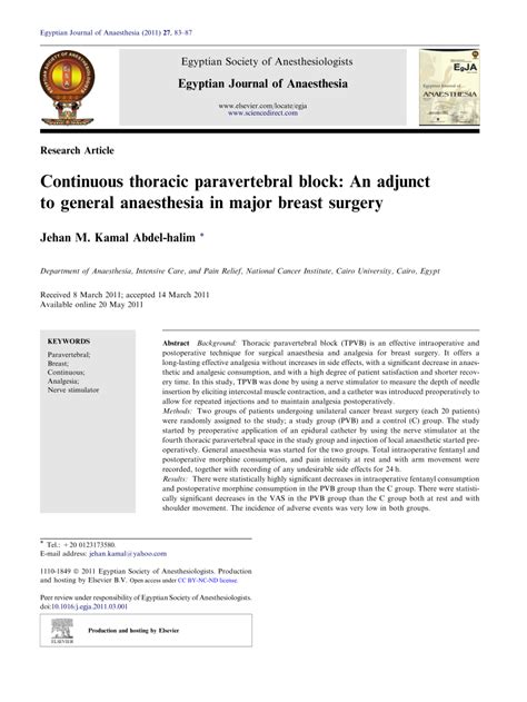 Pdf Continuous Thoracic Paravertebral Block An Adjunct To General Anaesthesia In Major Breast