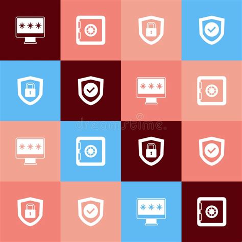 Set Pop Art Monitor With Password Safe Shield Security Lock And Check Mark Icon Vector Stock