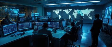 Cybersecurity Team Monitoring Global Network Activity In A Hightech Command Center Premium Ai