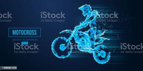 파란색 배경에 삼각형과 입자로 만든 모터크로스 라이더의 추상적인 와이어프레임 실루엣 남자는 고립된 속임수를 쓰고 있다 엔듀로 오토바이 스포츠 운송 벡터 그림