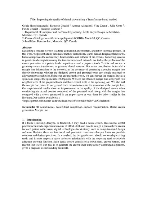 Pdf Improving The Quality Of Dental Crown Using A Transformer Based Method