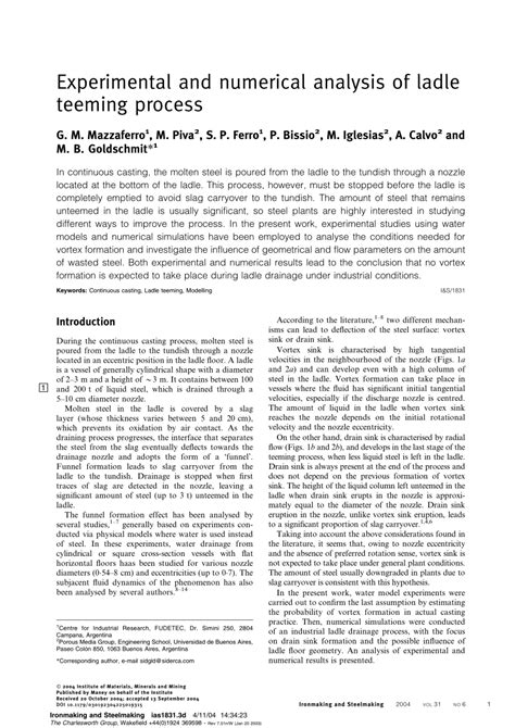 Pdf Experimental And Numerical Analysis Of Ladle Teeming Process
