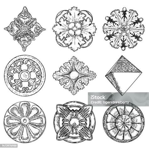 바로크 고대 빈티지 스타일의 꽃 원형과 마름모 또는 사각형 디자인 요소세트 직물 스카프 배경에 대한 검은 흰색의 유행 패턴을 그리는 대리석 장미 벡터 건축에 대한 스톡 벡터