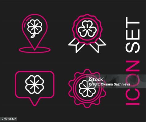 네 개의 잎 클로버가 있는 병 뚜껑을 설정하고 말풍선에 4개 메달 및 위치 및 아이콘을 설정합니다 벡터 4가지 개체에 대한 스톡 벡터 아트 및 기타 이미지 Istock