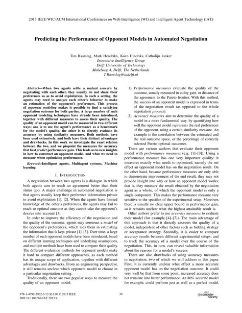 pdf predicting the performance of opponent models in automated negotiation