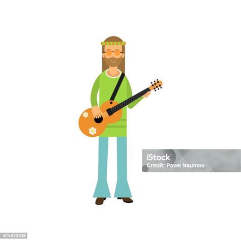 플랫 만화 남자 히피 기타와 함께 서 서입니다 긴 머리를 가진 평온한 수염된 남자 파란색과 녹색 60 년대 입은 히피 Subculture 옷 남자에 대한 스톡 벡터 아트 및
