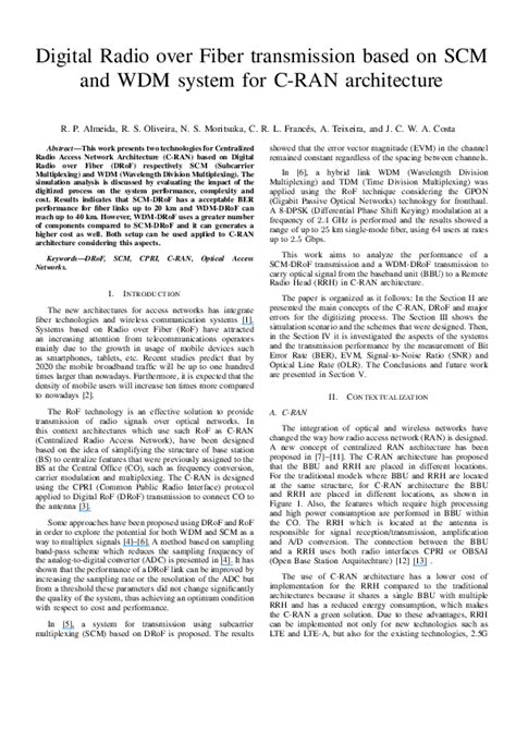 Pdf Digital Radio Over Fiber Transmission Based On Scm And Wdm System For C Ran Architecture