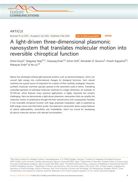 Pdf A Light Driven Three Dimensional Plasmonic Nanosystem That Translates Molecular Motion
