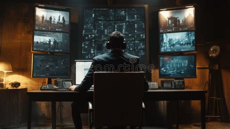 Cybersecurity Specialist Monitoring Surveillance Footage In Dark