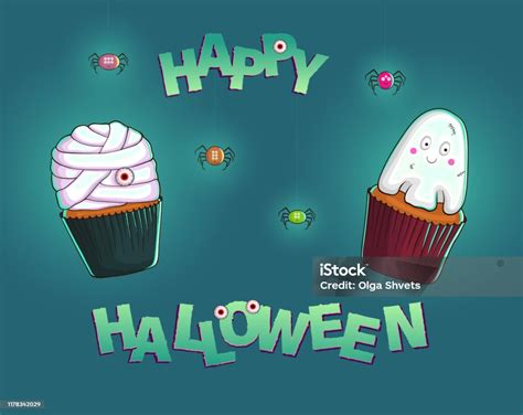 할로윈 컵 케이크 미라와 컵 케이크캐스트와 컵 케이크 할로윈에 대한 파란색 배경에 빛나는 거미 할로윈 인사말 그라데이션 문자입니다 10월에 대한 스톡 벡터 아트 및 기타