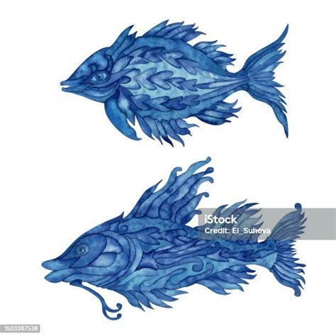 파란 마법의 물고기의 흑백 수채화 그림 초대장 패턴 직물 월페이퍼 스티커 엽서 흰색 배경에 분리된 요소 귀여운에 대한 스톡 벡터 아트 및 기타 이미지 Istock