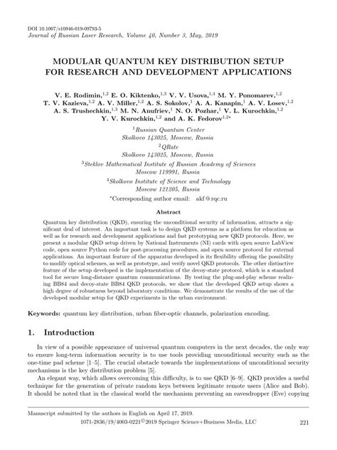 Pdf Modular Quantum Key Distribution Setup For Research And Development Applications