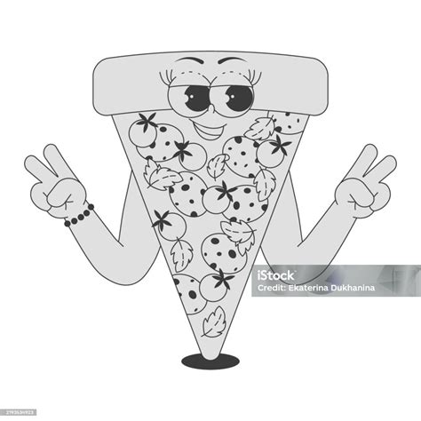 페퍼로니 토마토 바질을 곁들인 펑키 피자 슬라이스 캐릭터는 트렌디한 복고풍 그루비 스타일입니다 웃는 얼굴과 손을 가진 사이키델릭 패스트 푸드 마스코트 검은색 단색 팔레트의