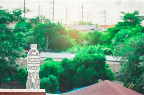 병 물 가정 및 트리 Bokeh 흐리게 배경으로 하늘에 플라스틱을 만든 벽지를 사용 하 여 패키지 또는 이미지 및 복사 공간을 새로 고침 제품 감기와 독감에 대한 스톡 사진