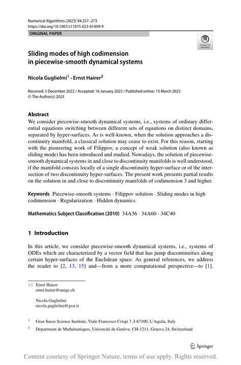 Pdf Sliding Modes Of High Codimension In Piecewise Smooth Dynamical Systems